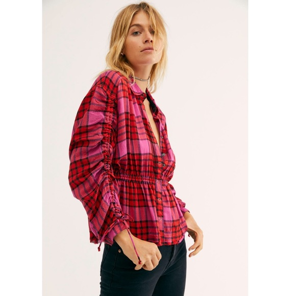 Free People | Tops | Free People Button Down Pink Red Plaid Peplum ...